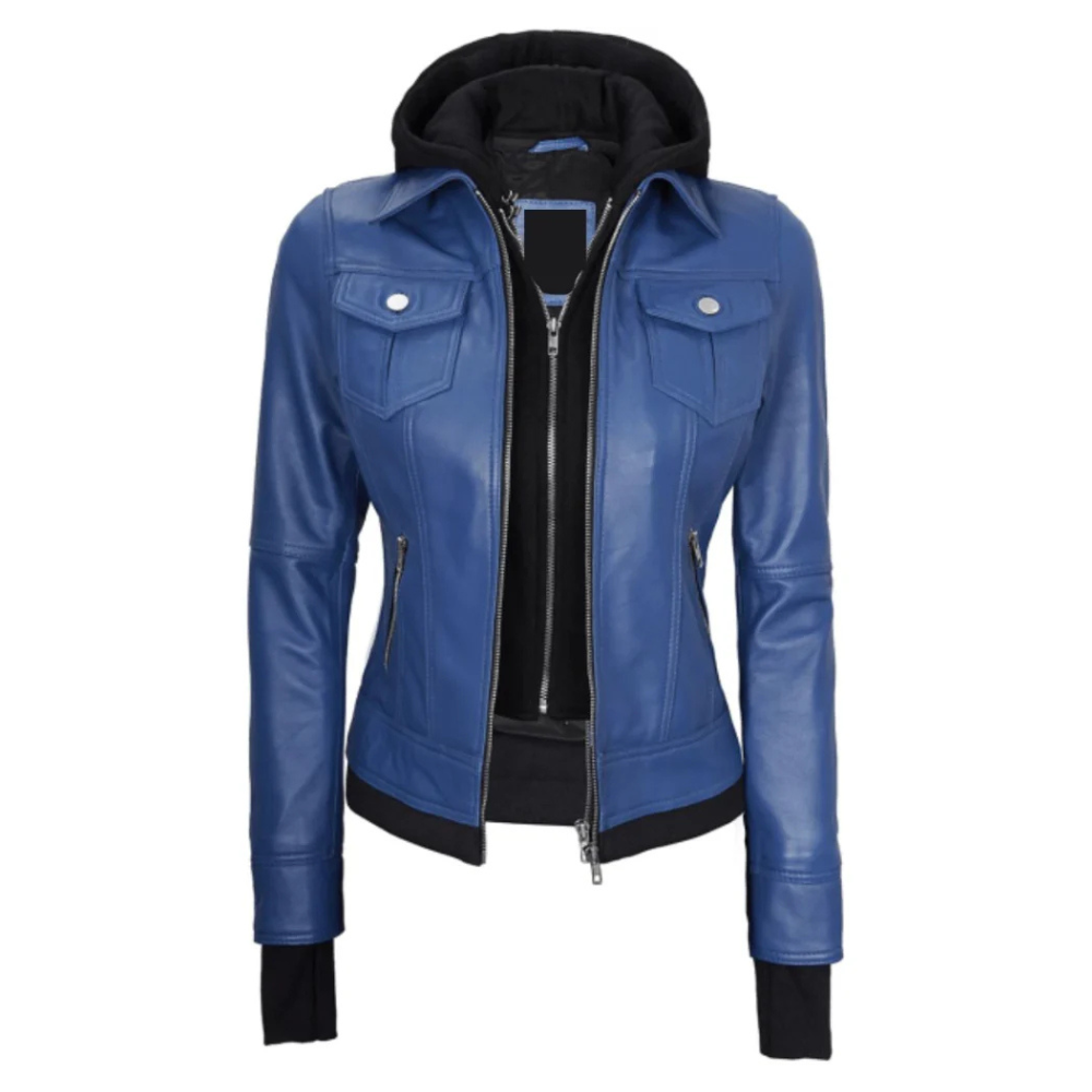 Blue Nova Bomber Hooded Jacket | Modern Street Style - Pious Leather